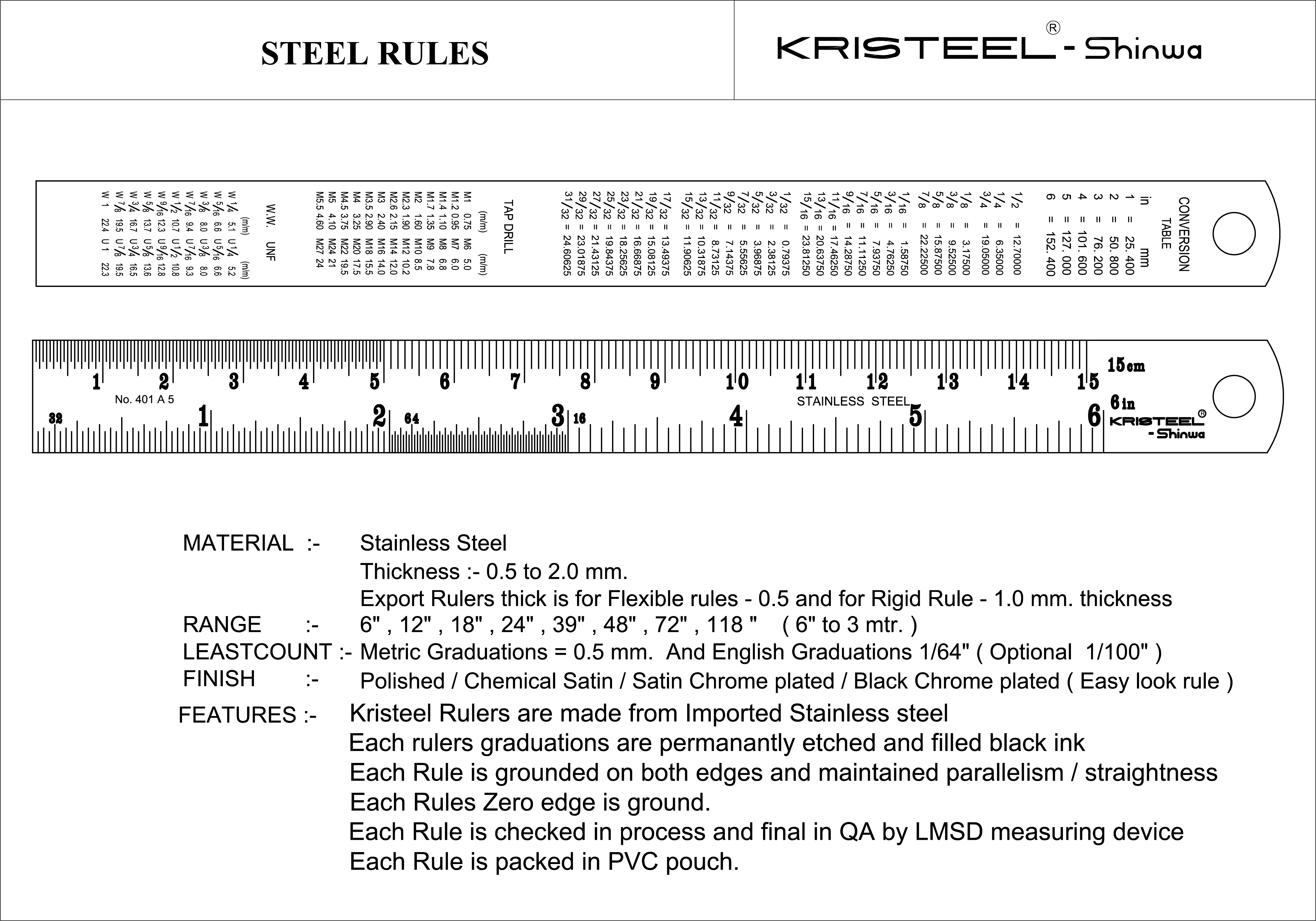 Metric & English Rulers | Model 401 | Stainless Steel Ruler | Kristeel