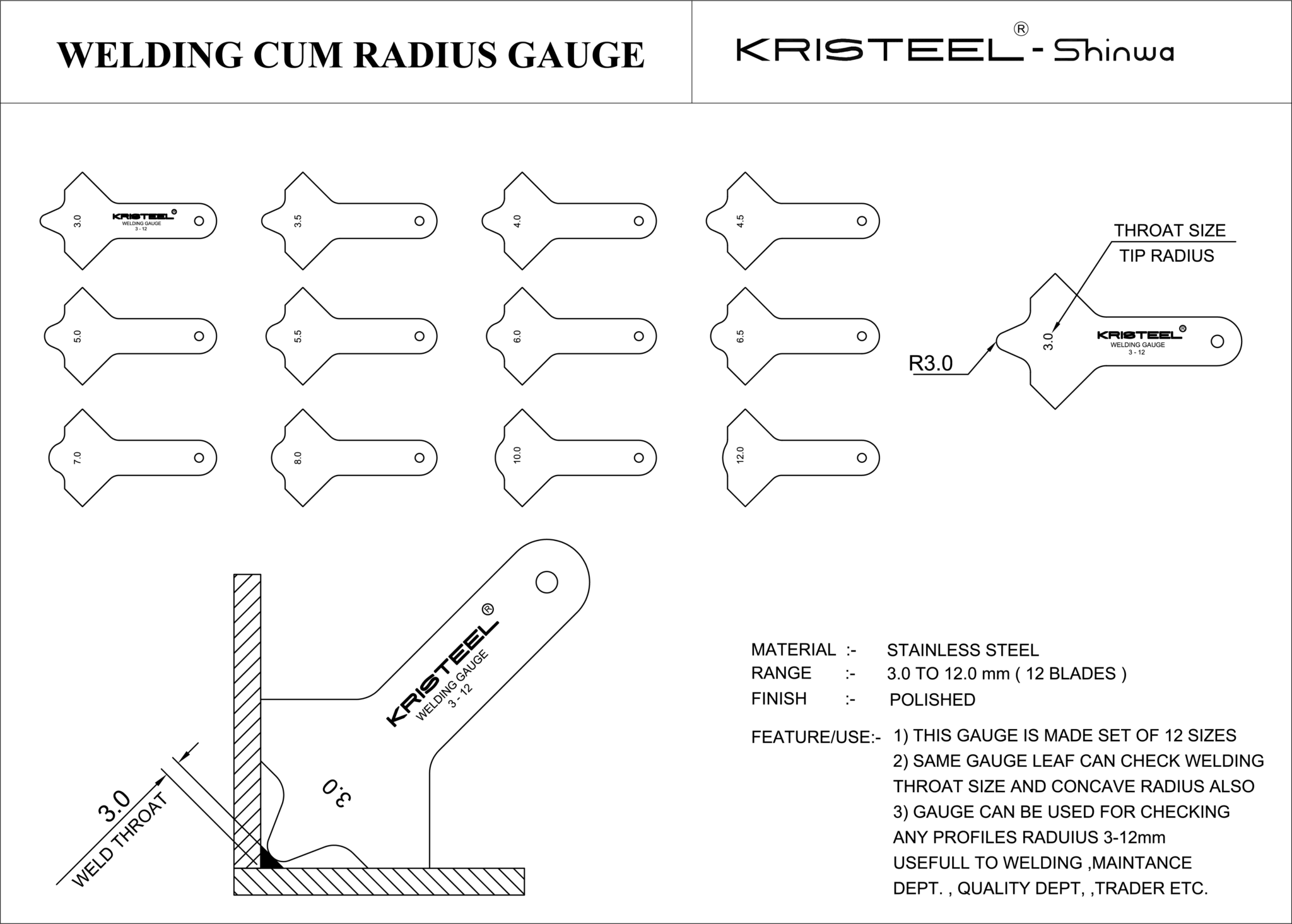 Weld Gauge Cum Radius SET (12 LEAVES) | Weld Gauge